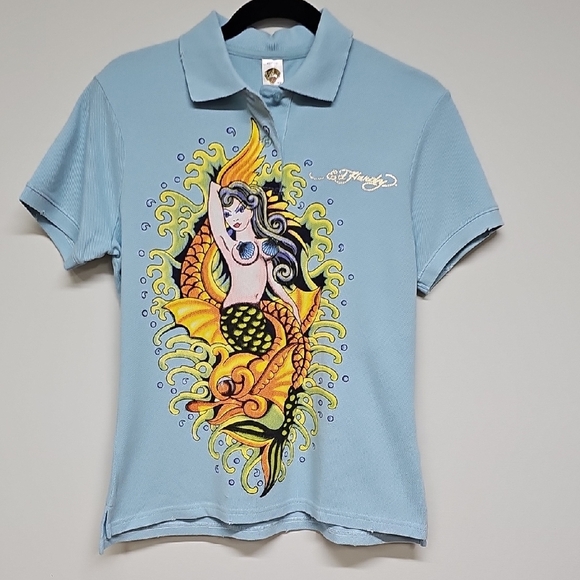 Ed Hardy | Tops | Ed Hardy Y2k Light Blue Polo Tattoo Art Mermaid Size ...